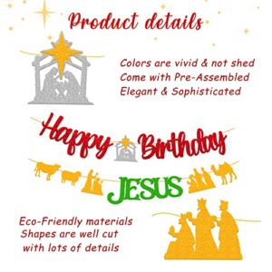 Happy Birthday Jesus Banner for Christian Winter Merry Chritmas Garland Jesus's Bday Party Supplies Gold and Green Decorations