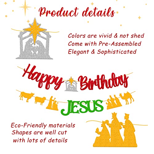 Happy Birthday Jesus Banner for Christian Winter Merry Chritmas Garland Jesus's Bday Party Supplies Gold and Green Decorations