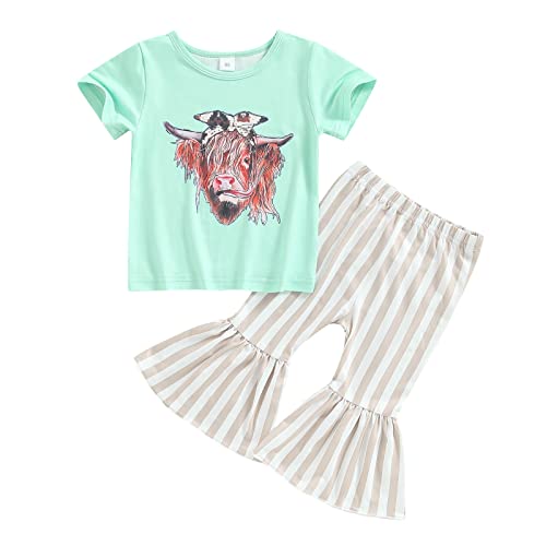 Toddler Western Baby Clothes Girl Short Sleeve t-Shirt top Ruffle Bell Bottoms Flare Pants Kids Summer Clothing (Green,12-18 Months)