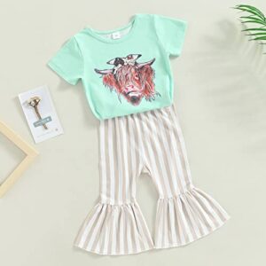 Toddler Western Baby Clothes Girl Short Sleeve t-Shirt top Ruffle Bell Bottoms Flare Pants Kids Summer Clothing (Green,12-18 Months)