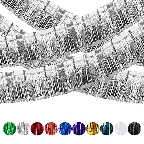 8 Pack Iridescent Metallic Foil Fringe Garland Float Fringe Curtains Shiny Tassel Foil Float Parade Float Decorations for Trailer Car Graduation Homecoming Outdoor Indoor Holiday Party (Silver)