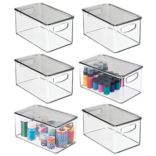 mDesign Plastic Deep Storage Organizer Bin Box with Lid/Built-in Handles for Crafting Supplies, Holder for Sewing, Crochet, Thread, Beads, Ribbon, Glitter, Ligne Collection, 6 Pack, Clear/Smoke Gray