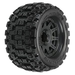 pro-line racing 1/8 badlands mx38 f/r 3.8″ mt tires mounted 17mm blk raid 2 pro1012710