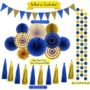 Blue Gold Paper Fans Hanging Glitter Paper Triangle Flag Pennant Banner Tassel Garland Circle Banners Party Decorations for Bachelorette, Birthday Carnival, Engagement Wedding, Baby Bridal Shower