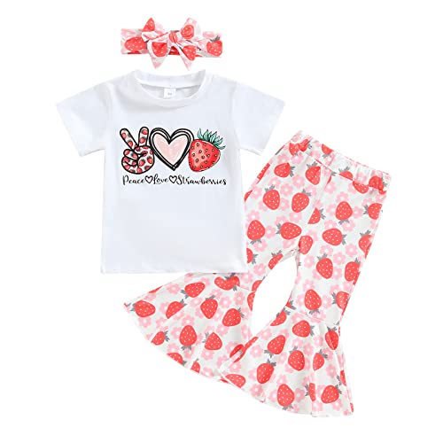 Xiaodriceee Toddler Baby Girl Summer Bell Bottom Outfit Kids Short Sleeve Letter T-Shirt Top Matching Flare Pants Set(HA-Strawberry White+Red,3-4T)