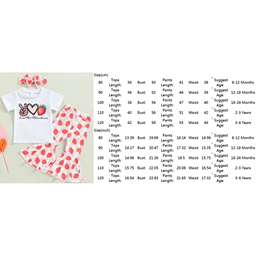 Xiaodriceee Toddler Baby Girl Summer Bell Bottom Outfit Kids Short Sleeve Letter T-Shirt Top Matching Flare Pants Set(HA-Strawberry White+Red,3-4T)