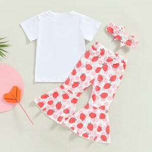 Xiaodriceee Toddler Baby Girl Summer Bell Bottom Outfit Kids Short Sleeve Letter T-Shirt Top Matching Flare Pants Set(HA-Strawberry White+Red,3-4T)