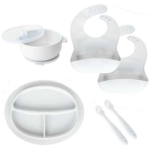 Ullabelle Suction 7 Pc Baby Feeding Set -BPA Free, 100% Food Grade Silicone- Microwave & Dishwasher Safe- 2 Silicone Bibs, 1 Suction Divided Toddler Plate, 1 Suction Bowl w/ Lid & 2 Spoons (Grey)