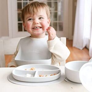 Ullabelle Suction 7 Pc Baby Feeding Set -BPA Free, 100% Food Grade Silicone- Microwave & Dishwasher Safe- 2 Silicone Bibs, 1 Suction Divided Toddler Plate, 1 Suction Bowl w/ Lid & 2 Spoons (Grey)