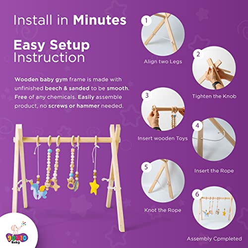 90210 Baby Wooden Baby Play Gym – Wooden Play Gym with 6 Hanging Toys, Baby Gym Activity Center for Educational and Creative Learning