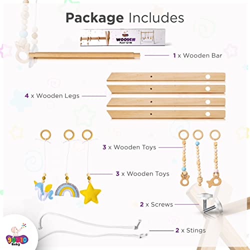 90210 Baby Wooden Baby Play Gym – Wooden Play Gym with 6 Hanging Toys, Baby Gym Activity Center for Educational and Creative Learning