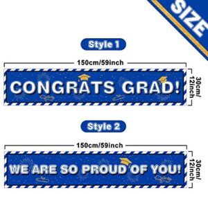 Whaline 2 Pack Congrats Grad Banner Graduation Hanging Banners Graduation Photo Booth Backdrop Decor with Delicate Patterns for Commencement Ceremony, Graduation Party Supplies (Blue)