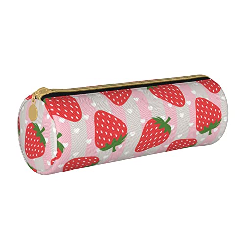 DCARSETCV Pink Strawberry Pencil Case Cute Pen Case Cylinder Leather Pencil Pouch Office Pencil Box Bag Gifts For Adults Teen School Girls Boys