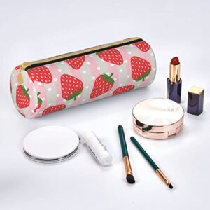 DCARSETCV Pink Strawberry Pencil Case Cute Pen Case Cylinder Leather Pencil Pouch Office Pencil Box Bag Gifts For Adults Teen School Girls Boys