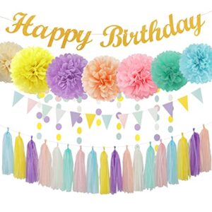 pastel rainbow birthday party decorations – 30pcs tissue pom poms streamers,garland backdrop decor bunting children adults 1st 16th 18th 25th 30th 40th 50th happy birthday banner panduola