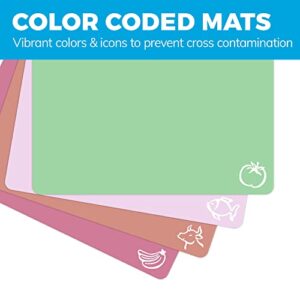 Extra Thick Pastel Flexible Plastic Cutting Board Mats with Food Icons & EZ-Grip Waffle Back, (Set of 4) Dishwasher Safe