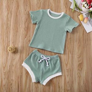 Newborn Infant Baby Girl Boy Clothes Short Sleeve Tops T-Shirt+Shorts Pants Solid Color Two Piece Outfits Set (Light Green, 0-6M)