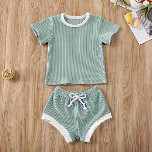 Newborn Infant Baby Girl Boy Clothes Short Sleeve Tops T-Shirt+Shorts Pants Solid Color Two Piece Outfits Set (Light Green, 0-6M)