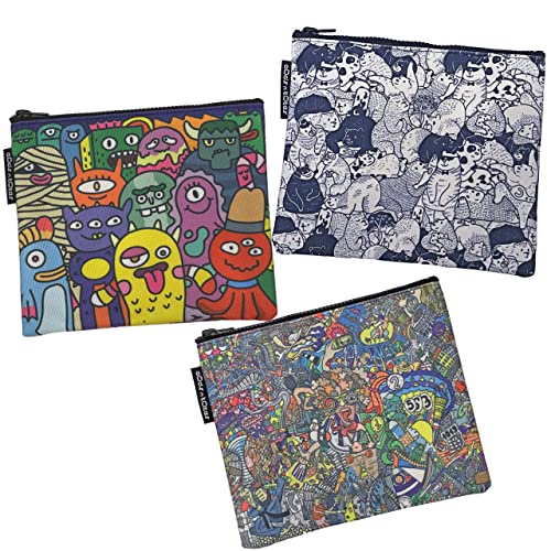 ODDS N TOTES Pencil Pouch, Canvas Zipper Pouch, Small Makeup Bag, Toiletry Bag, Cute Pencil Case (Bundle Pack of 3: Funny Monsters, Bears, Graffiti)