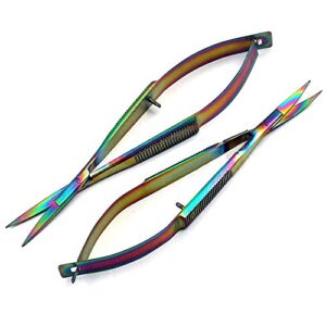 DDP SET OF 2 MULTI TITANIUM COLOR RAINBOW CASTROVIEJO SCISSORS STRAIGHT & CURVED 4.5" STAINLESS STEEL