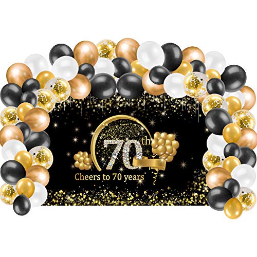 Kauayurk 70th Birthday Banner Backdrop Decorations & Balloon Garland Arch Kit for Men Women, Gold Extra Large Cheers to 70 Years Birthday Party Supplies, Seventy Birthday Poster Photo Booth