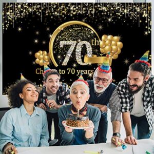 Kauayurk 70th Birthday Banner Backdrop Decorations & Balloon Garland Arch Kit for Men Women, Gold Extra Large Cheers to 70 Years Birthday Party Supplies, Seventy Birthday Poster Photo Booth