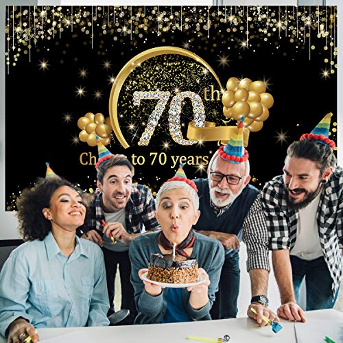 Kauayurk 70th Birthday Banner Backdrop Decorations & Balloon Garland Arch Kit for Men Women, Gold Extra Large Cheers to 70 Years Birthday Party Supplies, Seventy Birthday Poster Photo Booth