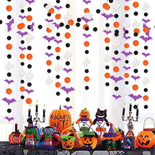 39Ft Halloween Party Decoration Garland Streamers Purple Bat White Ghost Black Orange Circle Dot Hanging Paper Banner Bunting for Halloween All Hallows Eve Birthday Home Fireplace Decor Supplies