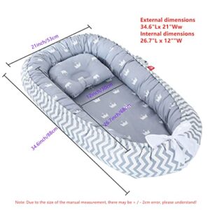 Vohunt Baby Lounger for Newborn,100% Cotton Co-Sleeper for Baby in Bed with Handles,Soft Newborn Lounger Adjustable Size & Strong Zipper Lengthen Space to 3 Tears Old(Wave Gray Crown)