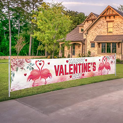 Large Happy Valentines Day Banner Outdoor Decorations 120" x 20" Valentine's Yard Sign Red Hearts Flowers Flamingos Holiday Party Supplies Valentine Backdrop Home Decor with Brass Grommets for Garden House Fence Garage Indoor Gifts Anniversary Wedding Law