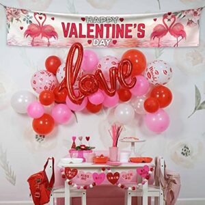 Large Happy Valentines Day Banner Outdoor Decorations 120" x 20" Valentine's Yard Sign Red Hearts Flowers Flamingos Holiday Party Supplies Valentine Backdrop Home Decor with Brass Grommets for Garden House Fence Garage Indoor Gifts Anniversary Wedding Law