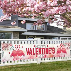 Large Happy Valentines Day Banner Outdoor Decorations 120" x 20" Valentine's Yard Sign Red Hearts Flowers Flamingos Holiday Party Supplies Valentine Backdrop Home Decor with Brass Grommets for Garden House Fence Garage Indoor Gifts Anniversary Wedding Law