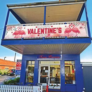 Large Happy Valentines Day Banner Outdoor Decorations 120" x 20" Valentine's Yard Sign Red Hearts Flowers Flamingos Holiday Party Supplies Valentine Backdrop Home Decor with Brass Grommets for Garden House Fence Garage Indoor Gifts Anniversary Wedding Law