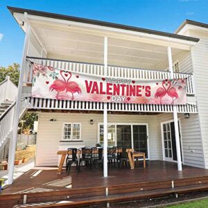 Large Happy Valentines Day Banner Outdoor Decorations 120" x 20" Valentine's Yard Sign Red Hearts Flowers Flamingos Holiday Party Supplies Valentine Backdrop Home Decor with Brass Grommets for Garden House Fence Garage Indoor Gifts Anniversary Wedding Law