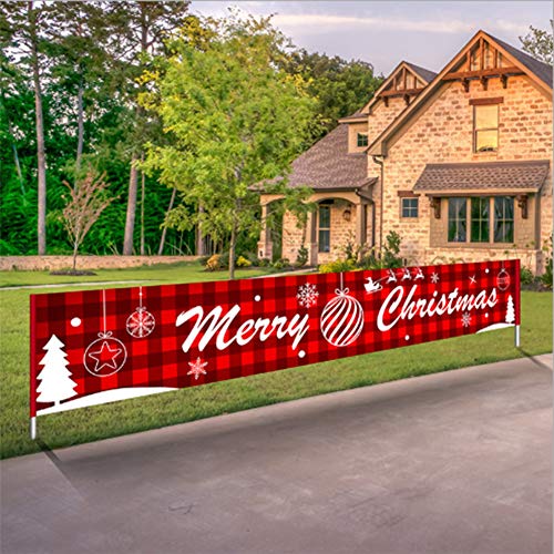 Large Merry Christmas Banner,Xmas Outdoor & Indoor Hanging Decor,Xmas Sign Huge Xmas Home Party Decoration (Red lattice letters)