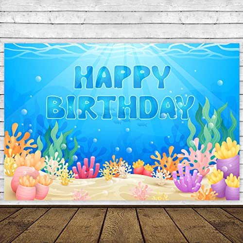 Under The Sea Happy Birthday Banner Backdrop Ocean Animals Under The Sea Theme Decor Decorations for Boys Girls 1st Birthday Party Bday Baby Shower Underwater Blue Party Supplies Photo Booth Props