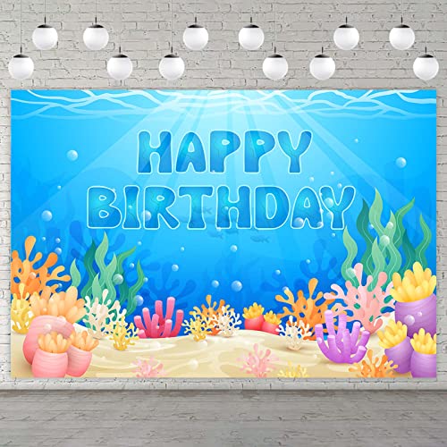 Under The Sea Happy Birthday Banner Backdrop Ocean Animals Under The Sea Theme Decor Decorations for Boys Girls 1st Birthday Party Bday Baby Shower Underwater Blue Party Supplies Photo Booth Props