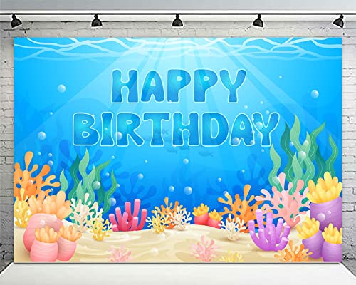 Under The Sea Happy Birthday Banner Backdrop Ocean Animals Under The Sea Theme Decor Decorations for Boys Girls 1st Birthday Party Bday Baby Shower Underwater Blue Party Supplies Photo Booth Props