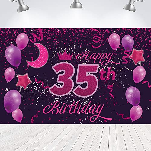 Sweet Happy 35th Birthday Backdrop Banner Poster 35 Birthday Party Decorations 35th Birthday Party Supplies 35th Photo Background for Girls,Boys,Women,Men - Pink Purple 72.8 x 43.3 Inch