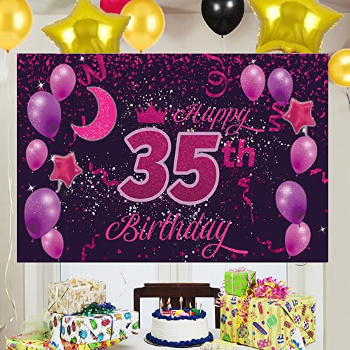 Sweet Happy 35th Birthday Backdrop Banner Poster 35 Birthday Party Decorations 35th Birthday Party Supplies 35th Photo Background for Girls,Boys,Women,Men - Pink Purple 72.8 x 43.3 Inch