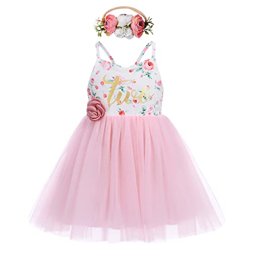 Baby Girl Toddler Kids Second 2nd Birthday Dress Boho Floral Printed Backless Tutu Tulle Maxi Long Dress Two Years Old Party Photo Shooting Clothes Summer Beach Pageant Wedding Bridesmaid Pink Two