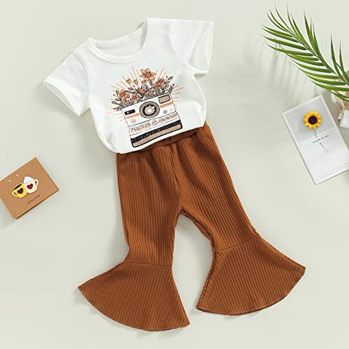 Summer Outfit Infant Baby Girl Floral Short Sleeve T-Shirt Tops and Flared Pants Toddler Girls Kids 2PCS Clothes Set (White, 18-24 Months)