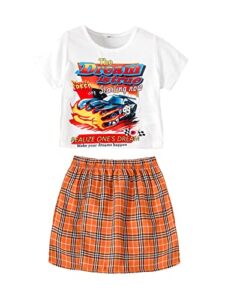 soly hux toddler girl’s 2 piece outfits letter car graphic print short sleeve tee and plaid skirt set multicoloured 90