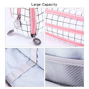 Oyachic Cute Plaid Pencil Case Large Striped Makeup Pouch Cosmetic Organizer Bags 3 Layer Zipper Pen Holder for Women School