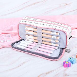 Oyachic Cute Plaid Pencil Case Large Striped Makeup Pouch Cosmetic Organizer Bags 3 Layer Zipper Pen Holder for Women School