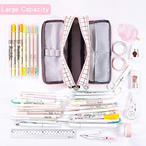 Oyachic Cute Plaid Pencil Case Large Striped Makeup Pouch Cosmetic Organizer Bags 3 Layer Zipper Pen Holder for Women School