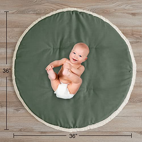 Sweet Jojo Designs Dark Green Boho Chic Girl Boy Unisex Baby Playmat Tummy Time Infant Play Mat Solid Sage Hunter Ivory Bohemian Gender Neutral Linen Macrame Modern Farmhouse Designer Minimalist Tuft