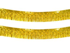 blukey 10 feet long roll gold foil fringe garland pack of 2 shiny metallic tassle banner | ideal for parade floats, bridal shower, bachelorette, wedding, birthday | wall hanging fringe garland banner