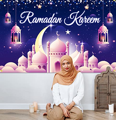 JKQ Ramadan Kareem Backdrop Banner 71 x 43 Inch Muslim Ramadan Background Banner Lantern Moon Castle Islamic Eid Mubarak Festival Party Decorations Ramadan Mubarak Indoor Outdoor Photo Booth Props