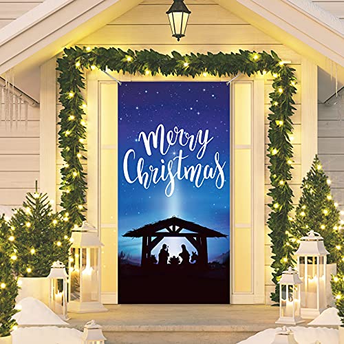 Christmas Door Decoration Merry Christmas Jesus Door Cover Holy Night Christ Born Photography Background Xmas Baptism Front Door Banner Shepherd Santa Mary Starry Backdrop Party Supplies